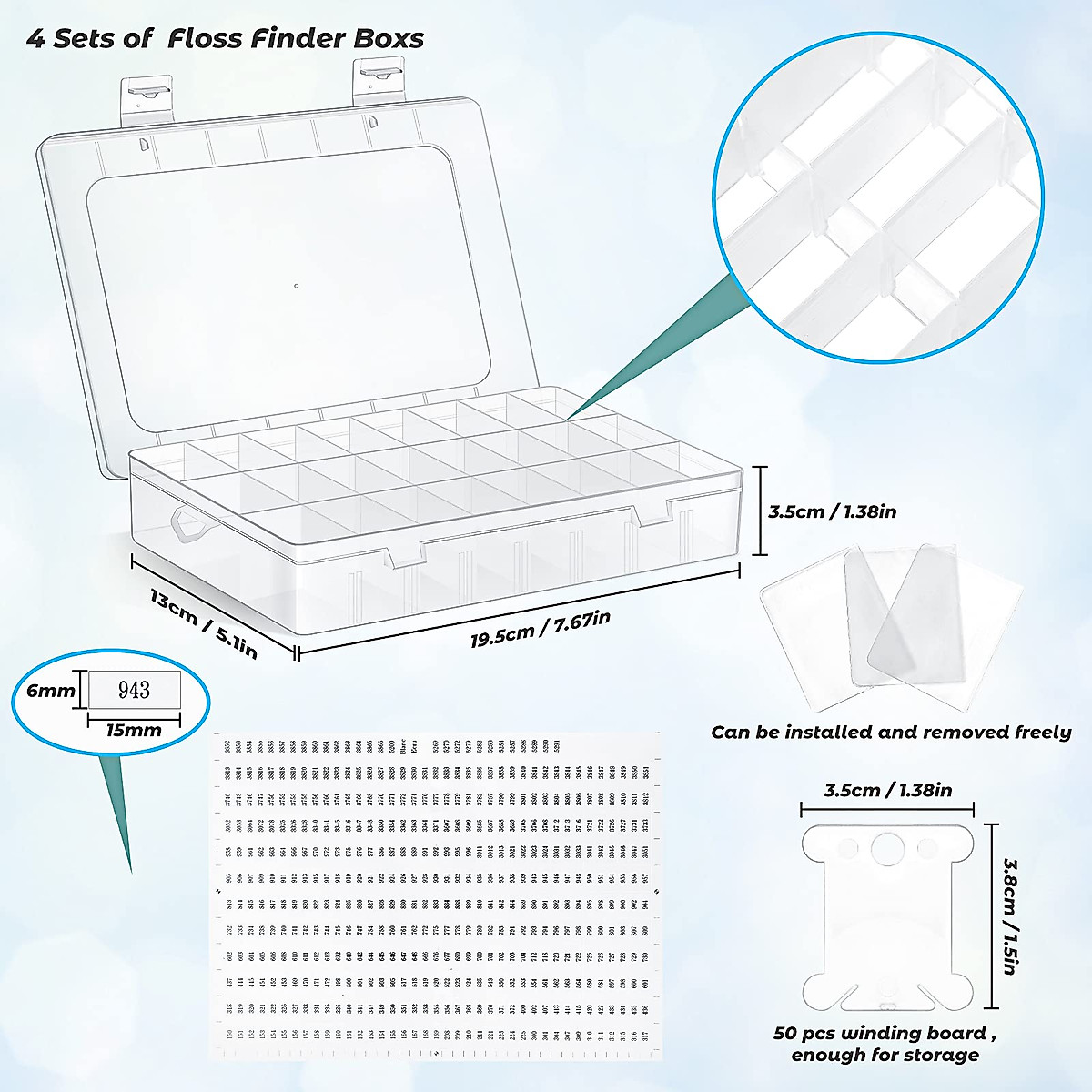 Queekay Embroidery Floss Organizer Box Set, Includes Compartments Floss Cross Stitch Organizer Box, Plastic Floss Bobbins and 1790 Floss Number Stickers for Thread Sewing, 4 Sets (50, 24 Grids)