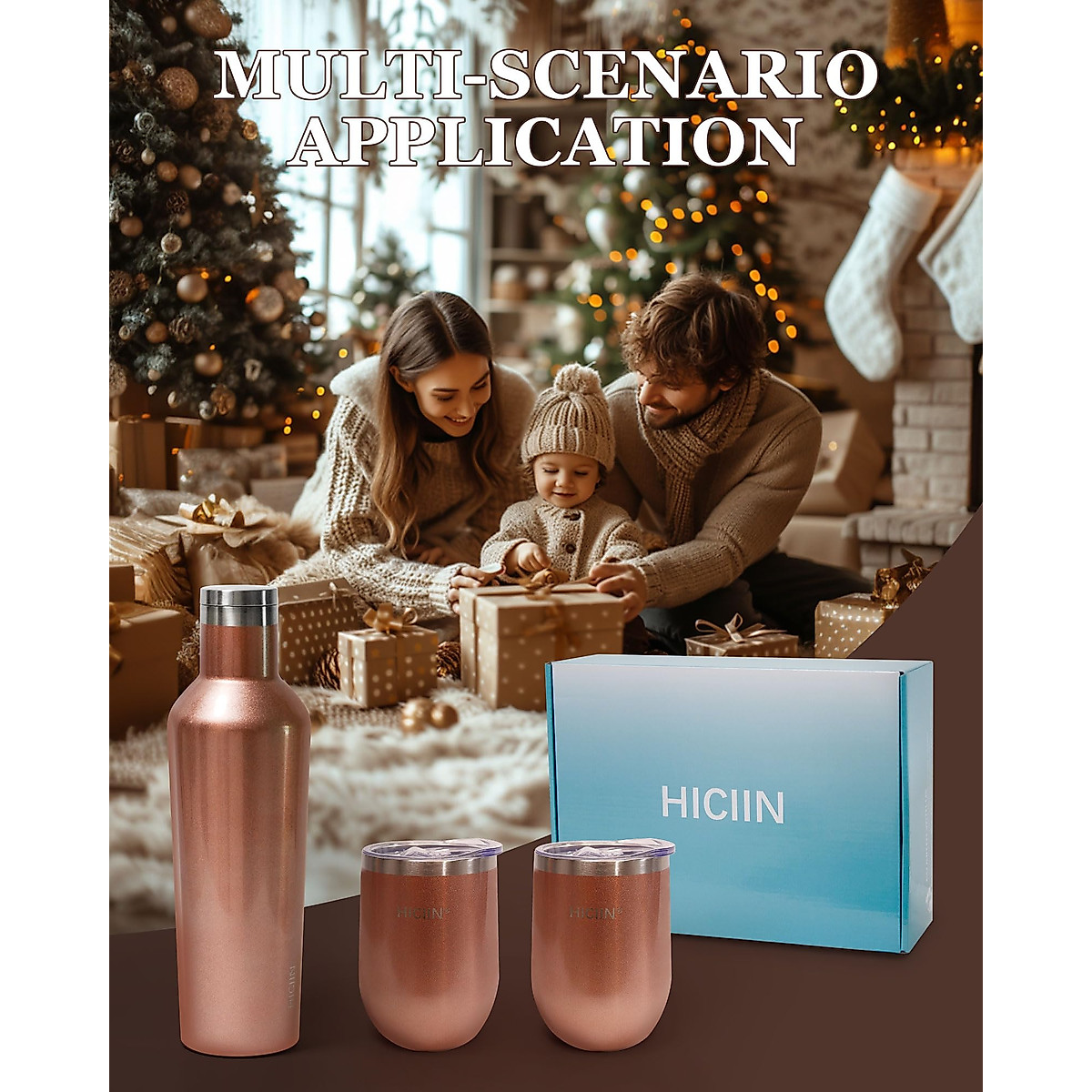 Hiciin Stainless Steel Wine Tumblers with Lid TWO 12oz & Insulated Wine bottle ONE 25oz&Gift Set with well packaged box.Keep water,wine,drinks with warm or cold (Champagne Gold)