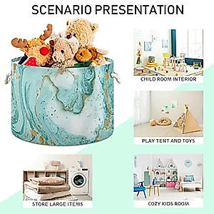 xigua Turquoise Marble Texture Large Round storage basket 20 x14 Inches Collapsible Round Storage Bin, Laundry Basket Organizer for Towels, Blanket, Toys, Clothes