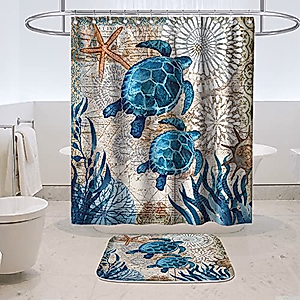 Final Friday Sea Turtles Ocean Nautical Bathroom Sets with Beach Shower Curtain and Rugs and Accessories Decor with Memory Foam Non Slip Velvet Bath Mat and 12 Hooks(72Wx72H,2pcs)