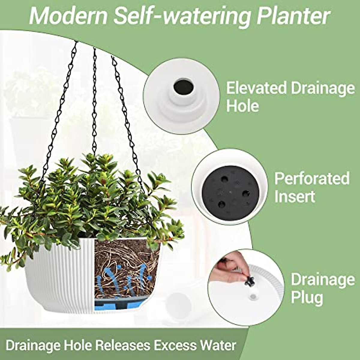 T4U Hanging Planter Self Watering 8 Inch, 2 Pack White Indoor Outdoor Hanging Plant pots, Hanging Flower Pot with Drainage Hole & Plug & Chain with 3 Hooks for Garden Home Decor