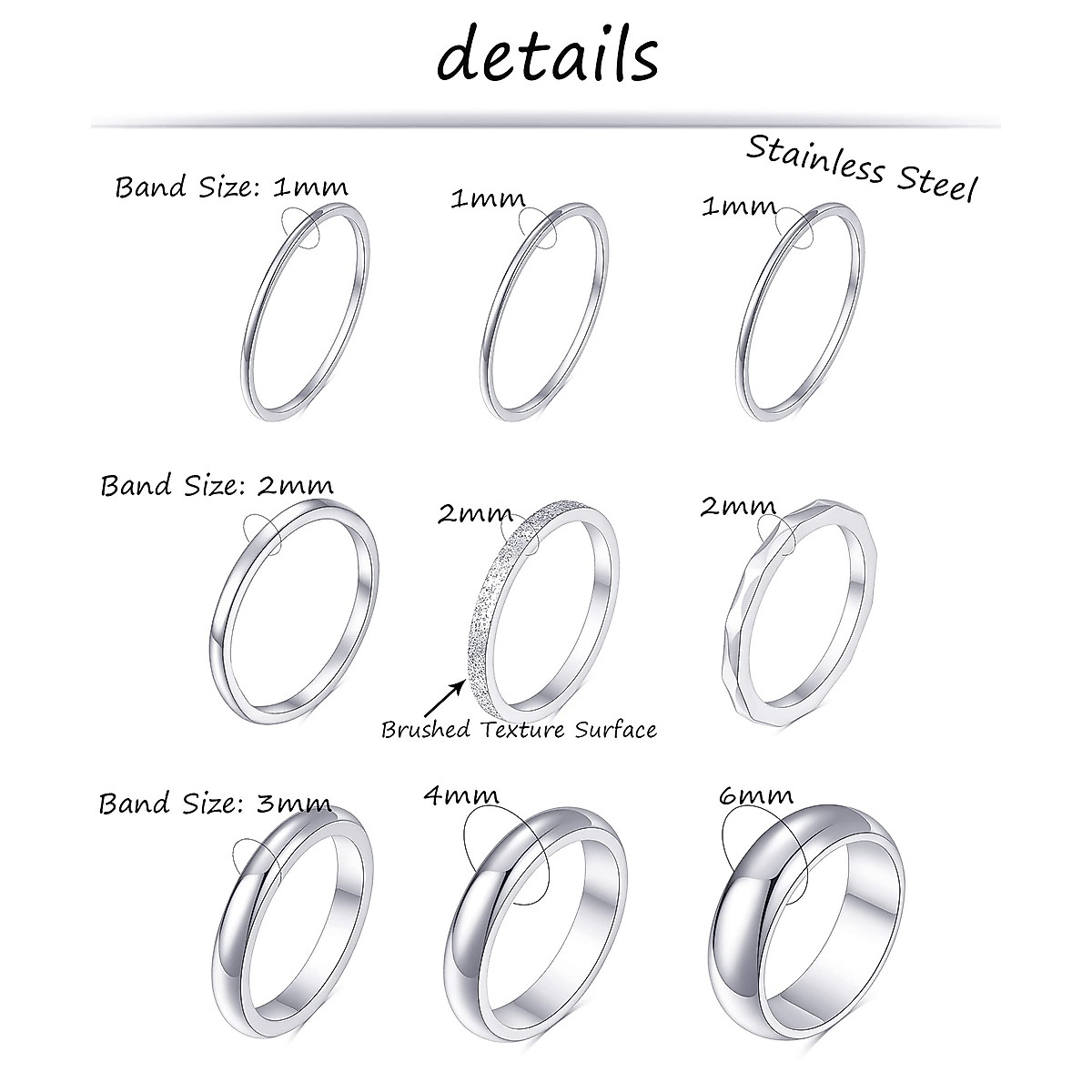 Tornito 9Pcs Stackable Eternity Ring Stainless Steel Band Knuckle Engagement Wedding Ring Size 7 for Women Silver Tone