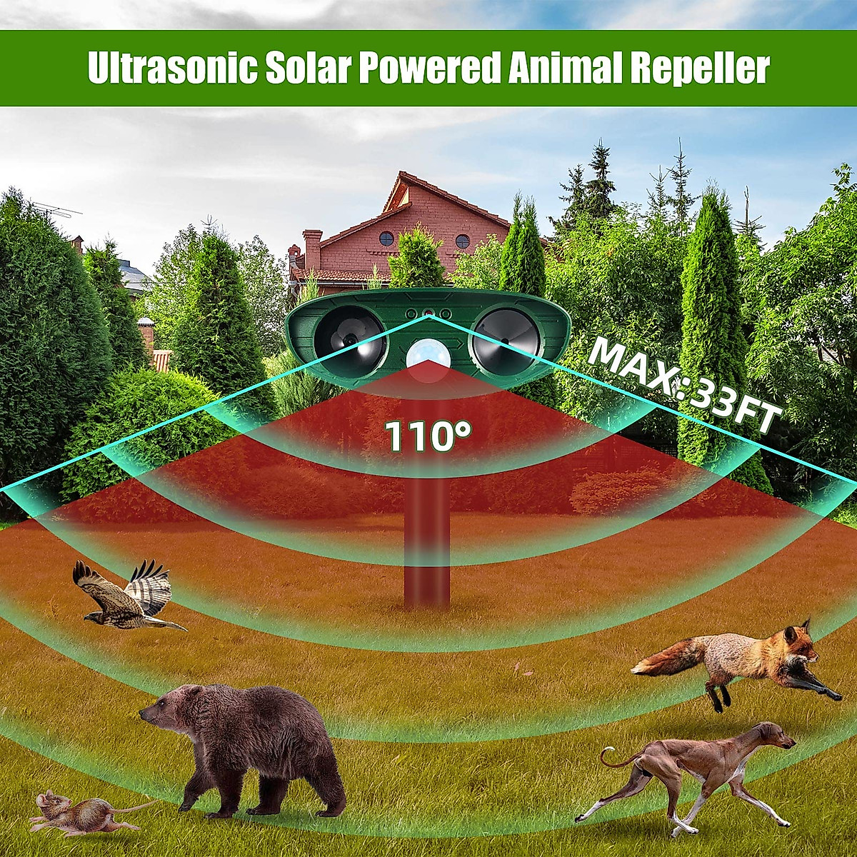 Solar Ultrasonic Animal Repellent Outdoor Waterproof Deer Repellent Sonic Cat Repellent Deterrent - Motion Activated Solar Animal Repeller Squirrel Rabbit Repellent Raccoon Repellent Yard Protection