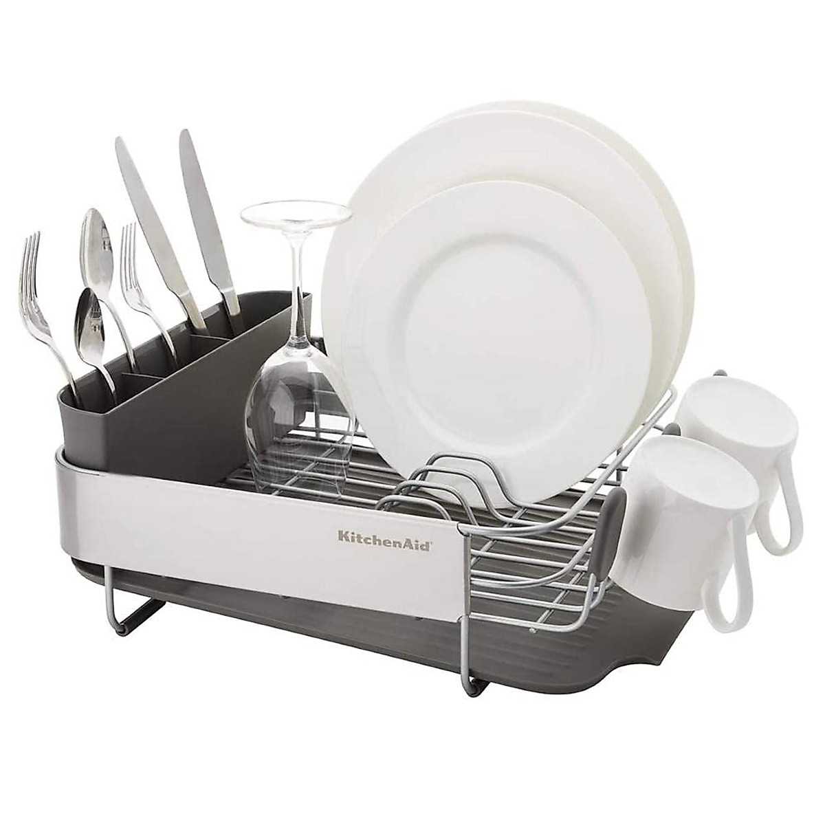 KitchenAid Compact, Space Saving Rust Resistant Dish Rack, with Angled Self Draining Drain Board and Removable Flatware Caddy, 16.06-Inch, Gray