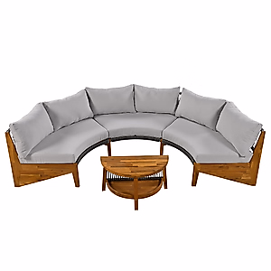 6-Person Outdoor Seating Group with Coffee Table, Half Moon Patio Sectional Sofa Set, All Weather Conversation Sofa Set with Acacia Wood Frame and Thick Cushions for Backyard Poolside (Grey+Acacia)
