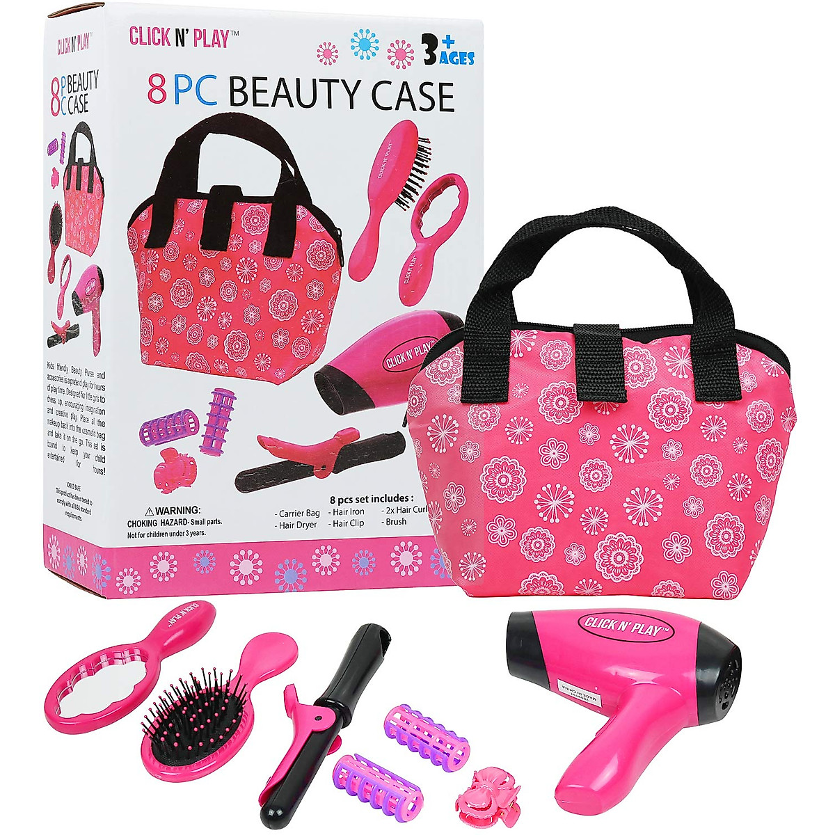 Click N' Play Set of 8 Kids Pretend Play Beauty Salon Fashion Play Set with Hairdryer, Curling Iron, Mirror & Hair Styling Accessories with a Beauty Tote Bag - Hair Salon Toys for Girls