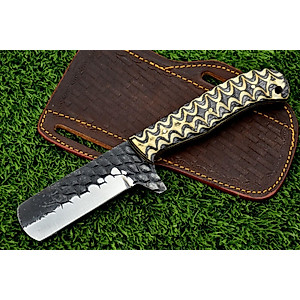 Carbon steel blade Bull cutter knife, 8.5 inches long knife with Leather sheath, Multi color Micarta scale Jigged with sturls, Embossed carbon steel blade, Embossed Leather sheath with belt loop (Black and Beige)