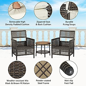 RELAX4LIFE 3 Pieces Patio Furniture - Set of 3 Patio Chairs, PE Wicker Bistro Set with Cushions, Outdoor Conversation Set with 2-Tier Acacia Wood Coffee Table for Backyard, Porch, Balcony Furniture