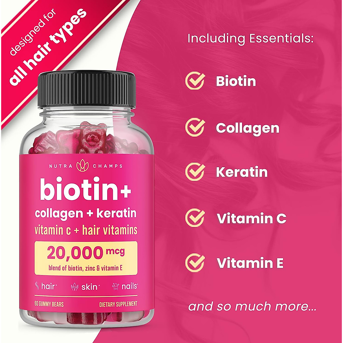 NutraChamps Hair Skin & Nails Gummies | Biotin with Collagen & Keratin | 5000mcg Biotin Beauty Complex | Vitamin Supplement for Women & Men | Berry | Healthy Hair, Radiant Skin & Strong Nails