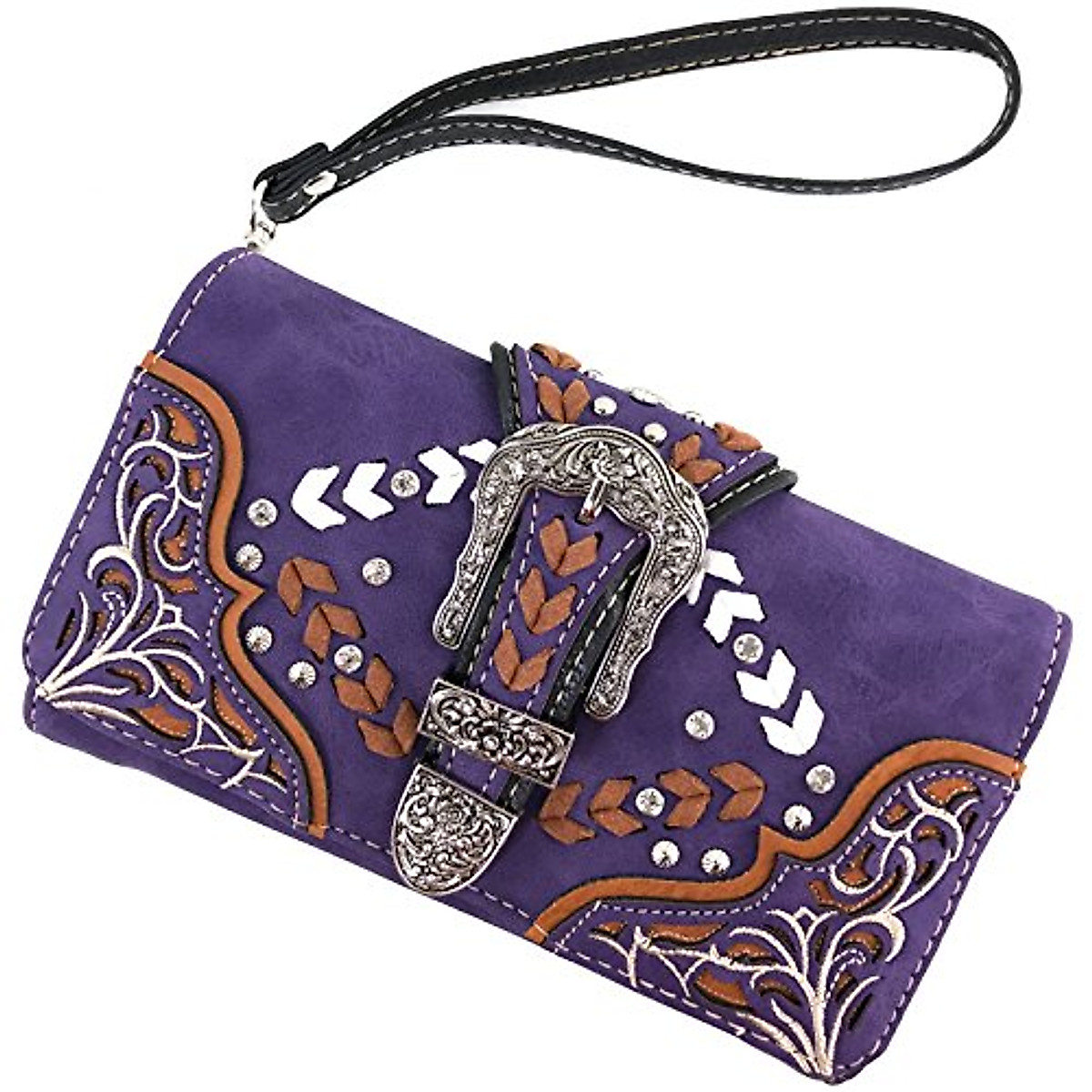 Justin West Floral Embroidery Rhinestone Turquoise Buckle Western Weave Stud Conceal Carry Handbag Purse | Messenger | Trifold Wallet (Purple Purse Wallet Set)