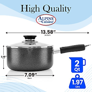 Alpine Cuisine Sauce Pan 2 Quart Nonstick Coating Soft Touch Bakelite Handle with Glass Lid, Nonstick Sauce Pans for All Stoves, Multipurpose Use for Home Kitchen & Restaurant - Dishwasher Safe