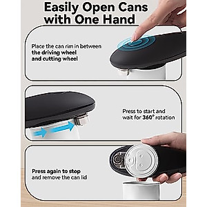 Electric Can Opener for Kitchen with Stainless Steel Blade- Portable Battery Powered Can Opener Smooth Edge, Automatic Easy Hands Free One Touch Start for Seniors with Arthritis, Left Handed, Black