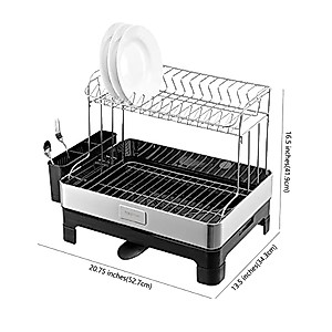 happimess DSH1004A Simple 20.75' Fingerprint-Proof Stainless Steel 2-Tier Dish Drying Rack, Dish Rack with Swivel Spout Tray, Utensil Holder, Stainless Steel/Black, Silver/Black
