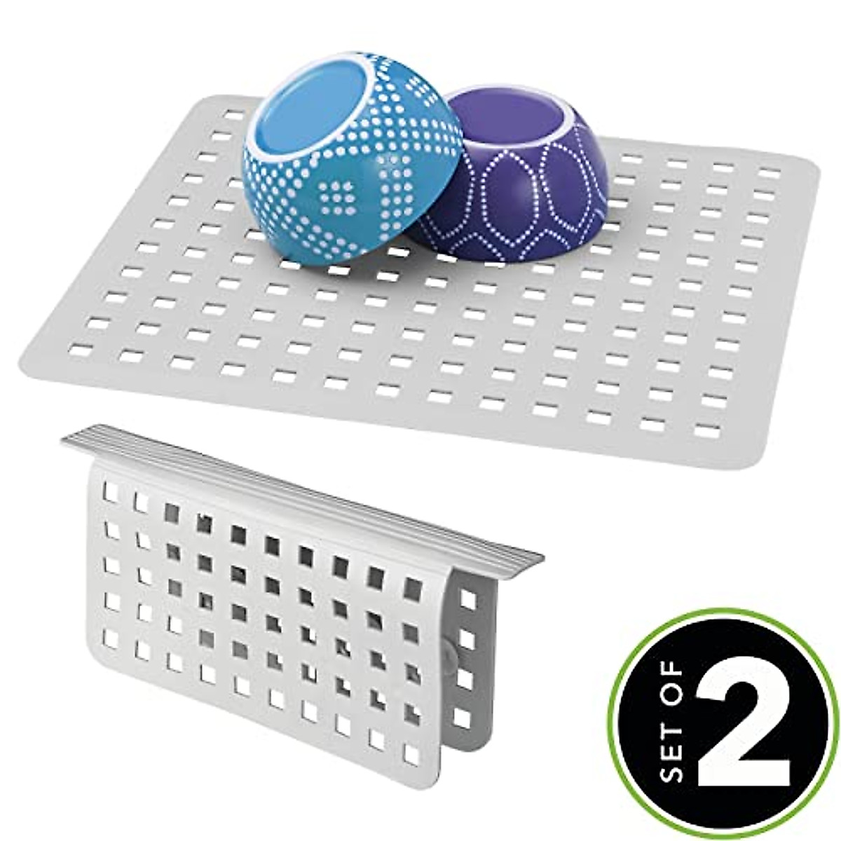 mDesign Kitchen Sink Protector Mat Pad Set, Quick Draining - Use In Sinks to Protect Surfaces and Dishes - 2 Piece Combo Set includes 1 Sink Saddle and 1 Sink Mat - Gray