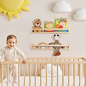Fun Memories Nursery Book Shelves Set of 2 - Rustic Natural Solid Wood Floating Bookshelf for Kids - Wall Book Shelves Kitchen Spice Rack for Kids Room, Home Decor - Natural Wood - 24 Inch
