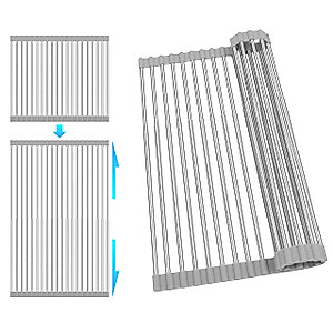 romise Adjustable Roll Up Dish Drying Rack for 10" - 20" Kitchen Sinks, Foldable Over The Sink Dish Drying Rack, Portable Stainless Steel Rolling Rack Dish Drainer Sink Rack Mat Trivet, Gray