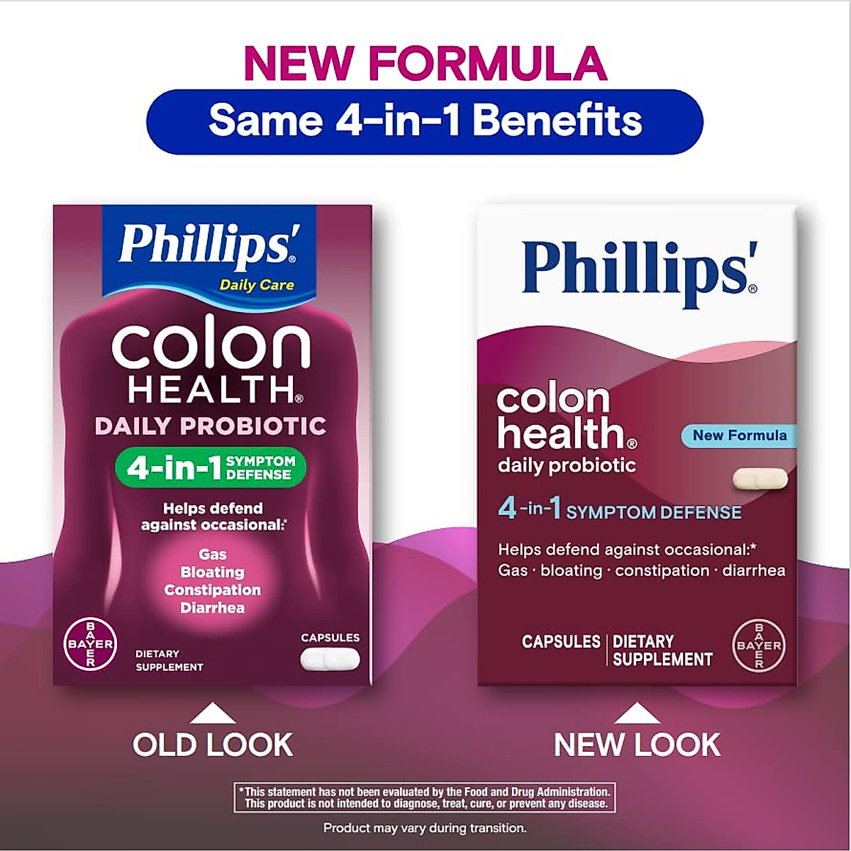 Phillips’ Colon Health Daily Probiotic Capsules, 4-in-1 Symptom Defense to help defend against Occasional Gas, Bloating, Constipation, and Diarrhea, Daily Supplement, 60 Count