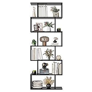 FOTOSOK 6 Tier Bookcase, S-Shaped Black Bookshelf,Tall Bookcase Freestanding Display Shelf for Bedroom, Living Room, Home Office
