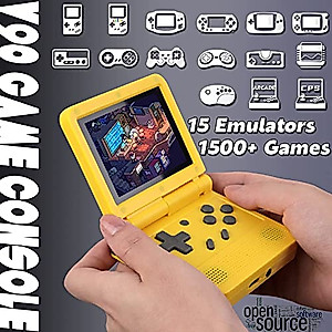 V90 Retro Clamshell Game Console 3 Inch IPS Screen Open System Handheld Game Console Built-in Rechargeable Battery Portable Style Handheld Gaming Video Console System with Case (Yellow, 64G)