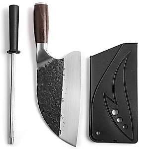 LONSDOW Serbian Butcher Knife Full Tang Forged Handmade Professional Kitchen Chef Knife Cleaver with Knife Sheath Sharpener
