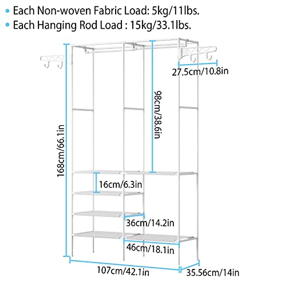 KOCASO Garment Shoes Rack Simple Closet Metal Shelf Clothing Organizer with 4 Hooks and Lower Storage Space, White