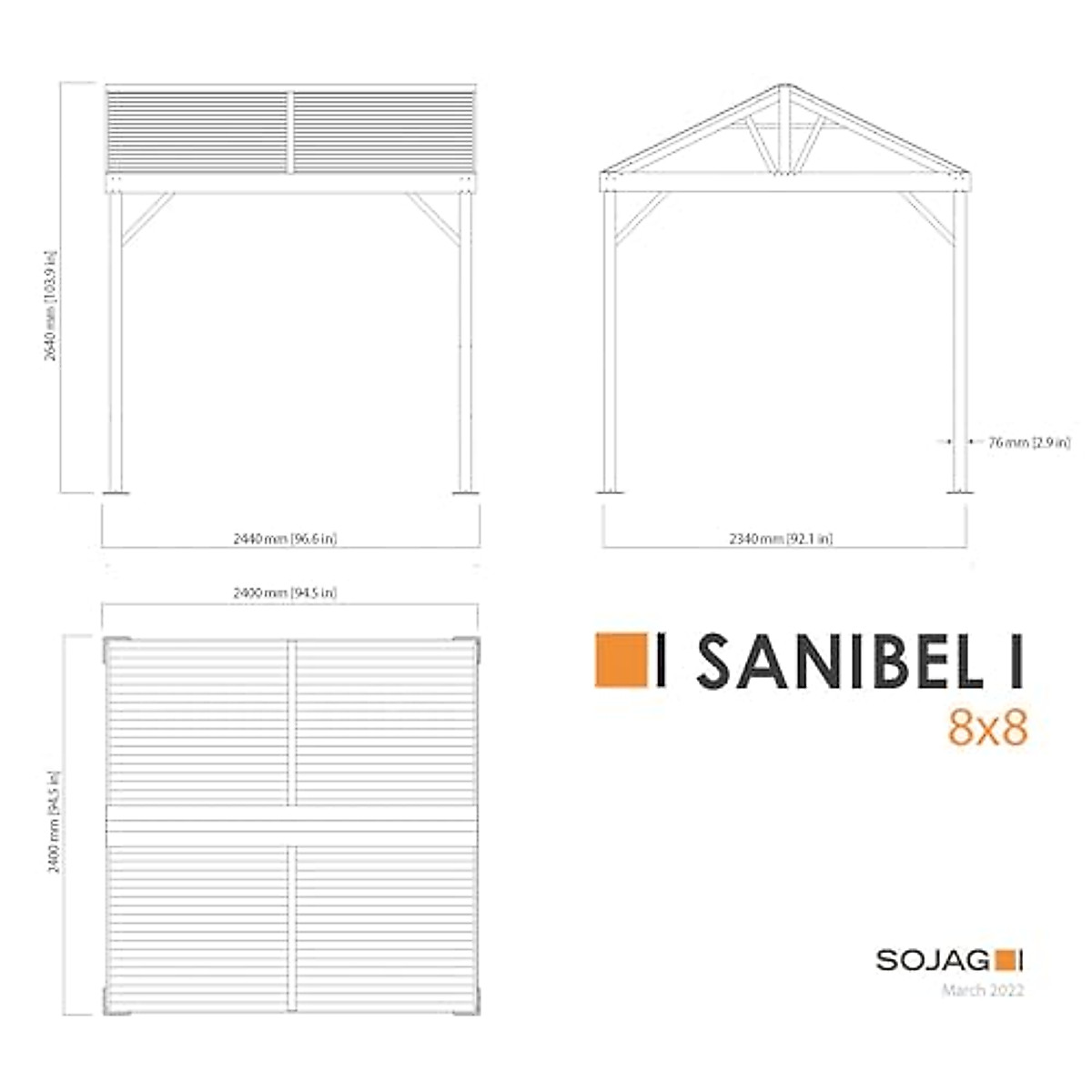 Sojag 8' x 8' Sanibel I Hardtop Gazebo Outdoor Weather-Resistant Aluminum Frame Sun Shelter Light Grey