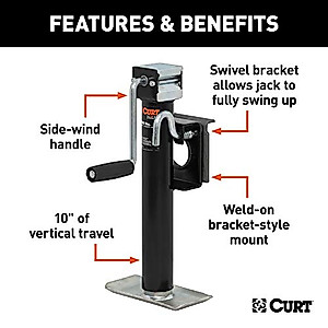 CURT 28302 Weld-On Bracket-Style Swivel Trailer Jack, 2,000 lbs. 10 Inches Vertical Travel