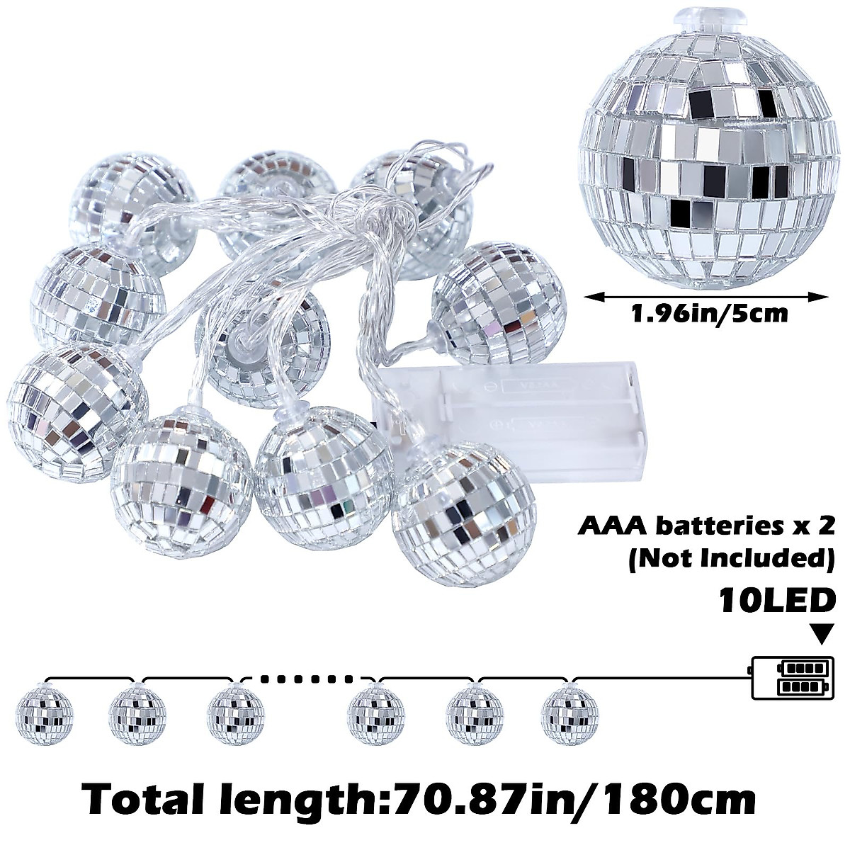 BBTO 10 Pcs LED Disco Ball String Light 2 Inch Battery Powered Mirror Ball Ornaments 70s 80s 90s Disco Party Supplies(Silver)