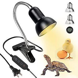 50W Timeable Reptile Heat Lamp, Set of 2 Bulbs and 1 Hygrometer, Basking Spot Lamp with 360°Rotatable Arm & Heavy-Duty Clamp for for Lizard Turtle Snake Amphibian