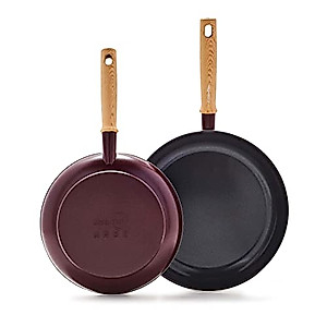 GreenPan Hudson Healthy Ceramic Nonstick, 9.5" and 11" Frying Pan Skillet Set, Vintage Wood Inspired Handle, PFAS-Free, Dishwasher Safe, Merlot Red