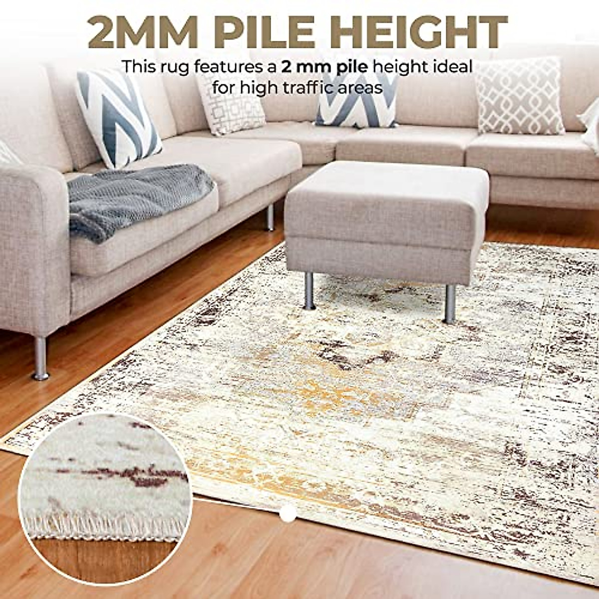 SUPERIOR Washable Indoor Runner Rug, Unique Home Floor Throw for Living Space, Dining Room, Office, Bedroom, Hallway, Entryway, Rustic Distressed Geometric Decor, Dove Collection, 6' x 9'