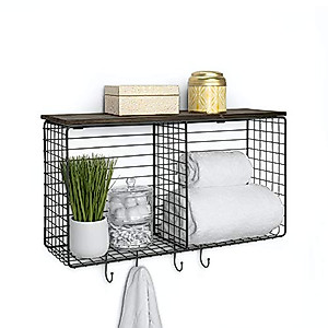 Spectrum Diversified Vintage Cube & Hook Station with Wood Shelf Wall-Mounted Entryway Organization Cube Storage & Shelf with Hooks, Entryway & Home Office Décor, Industrial Gray