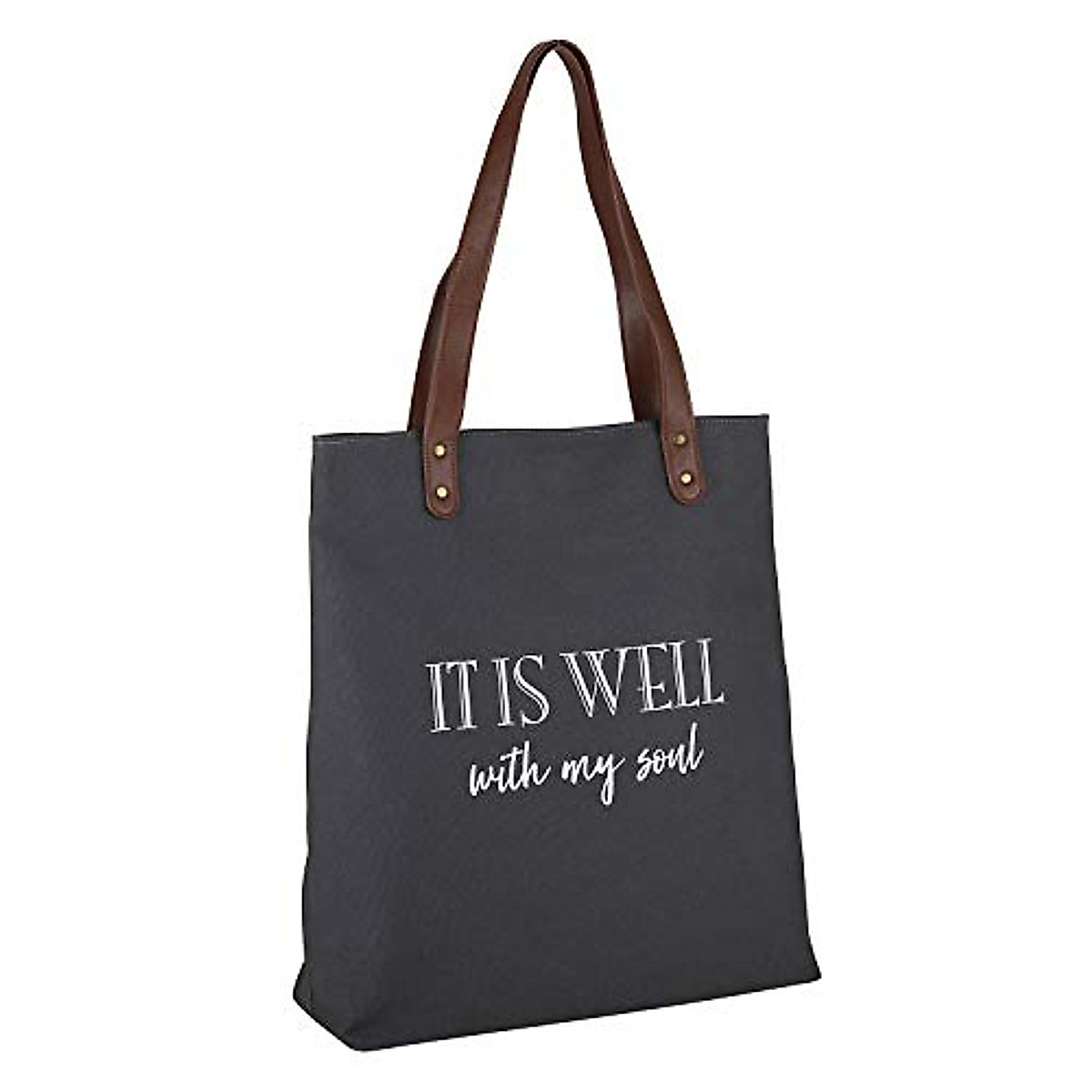 Creative Brands Joyful Expressions Charcoal Grey Canvas & Leather Tote, 13.5 x 16-Inch, It is Well