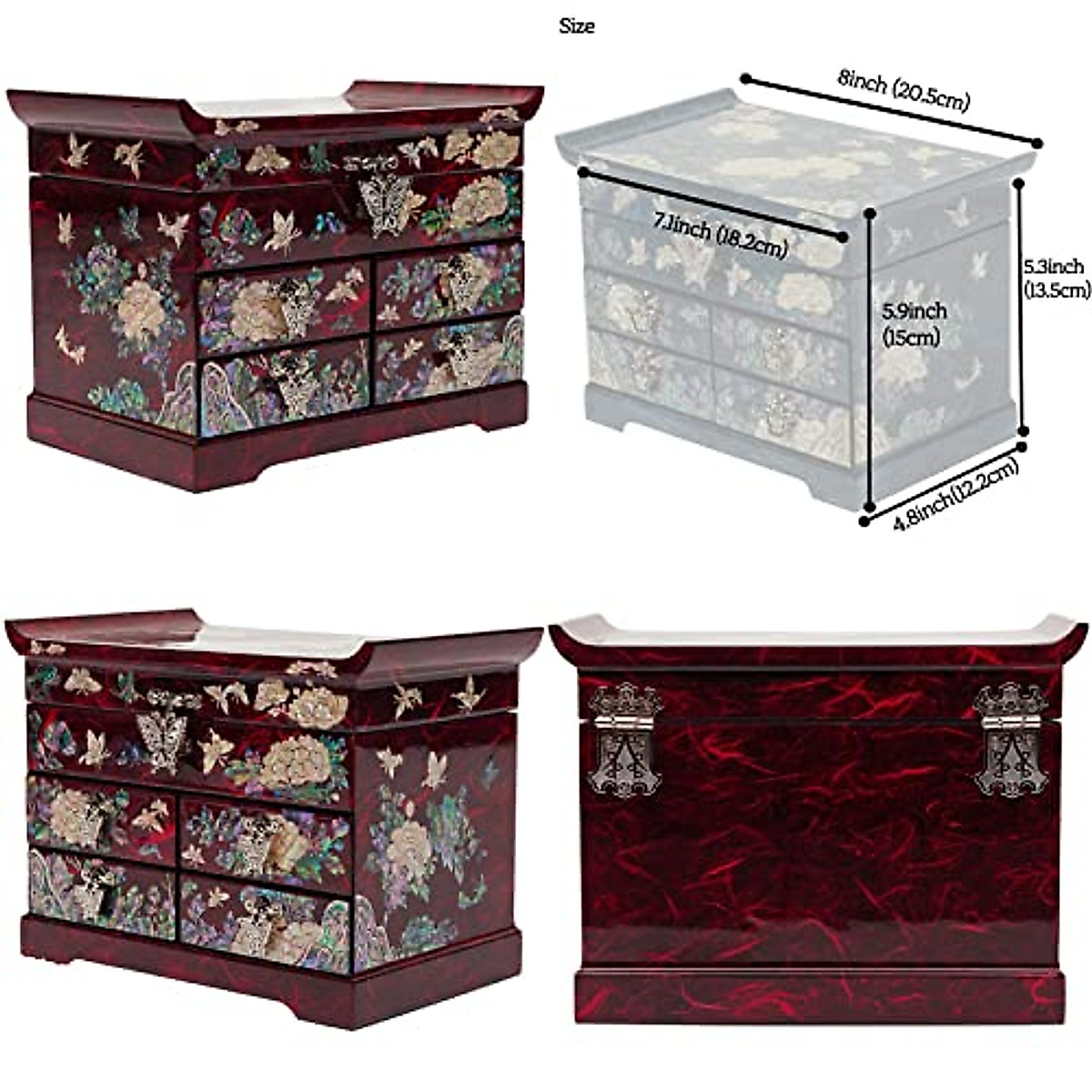 February Mountain Mother of Pearl Wooden Jewelry Organizer Box – Jewelry Storage Box for Women, Features Spacious Drawers, Ideal for Rings, Bracelets, Watches, Chains, Accessories (Peony_Red)