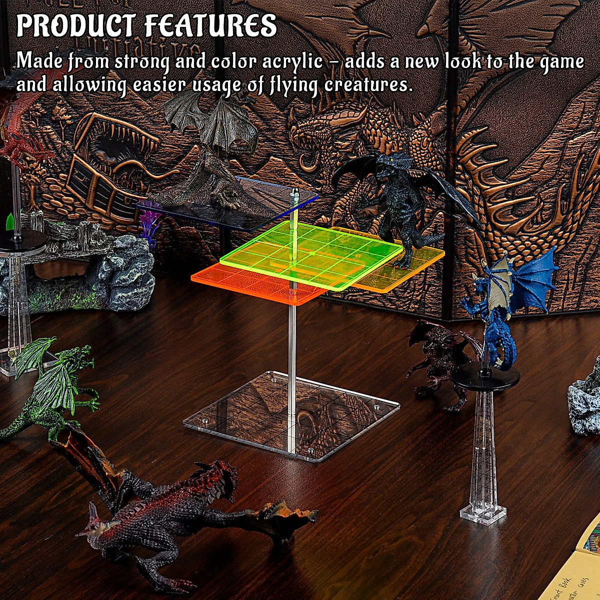 3D Combat Risers Set Colored Acrylic Connected by Metal Pillars Flying Miniature Flight Stand with 1 Inch SquareGrid Great Wargame Space for D&D and Other Tabletop RPG