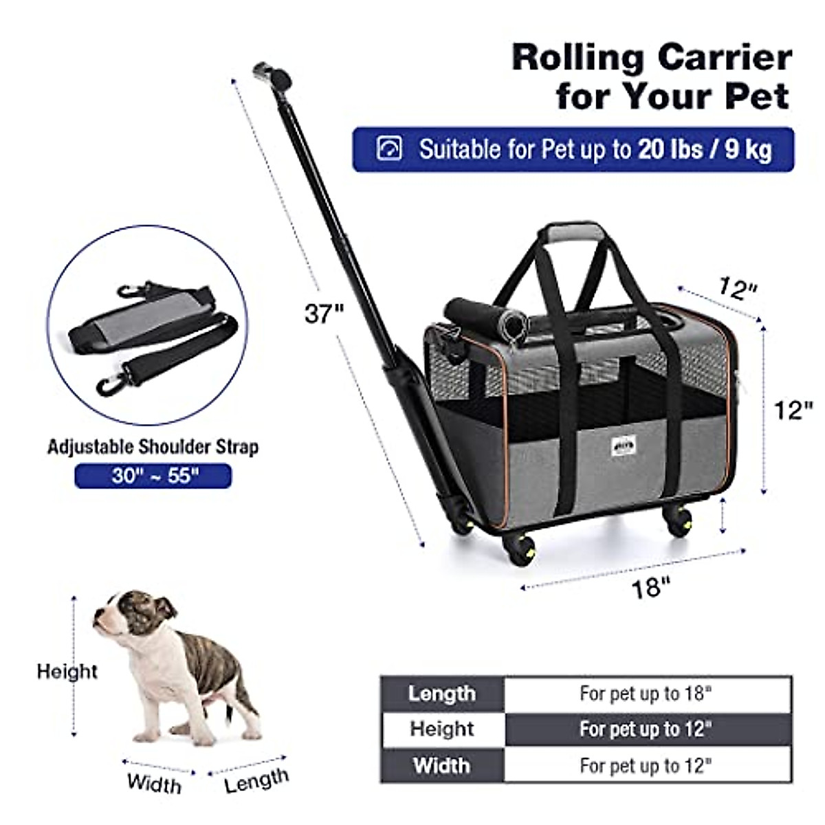 Lekesky Cat Dog Carrier with Wheels Airline Approved Rolling Pet Carrier with Telescopic Handle and Shoulder Strap, Grey