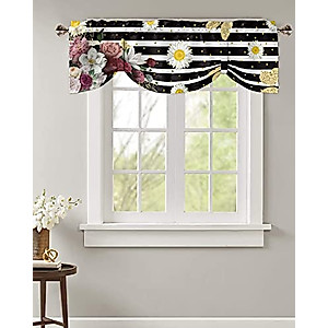 Tie Up Curtain Valance Window Topper 1 Panel 42x12in,Blooming Flowers Gold Butterfly Gardon Adjustable Rod Pocket Short Curtains Window Shade Valances for Kitchen Bedroom Windows,Black White Stripe