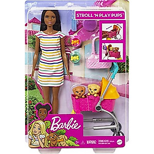 Barbie Dogwalking Doll & Accessories, Stroll & Play Pups Playset with Transforming Stroller, 2 Pets & Handbag, Brunette Doll,Pink