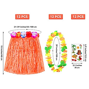 Elcoho 36 Pack Hawaiian Party Decorations Set Including 12 Pack Hawaiian Grass Skirt 12 Pack Luau Leis Necklaces and 12 Pack Hawaiian Temporary Tattoos for Luau Party Supplies