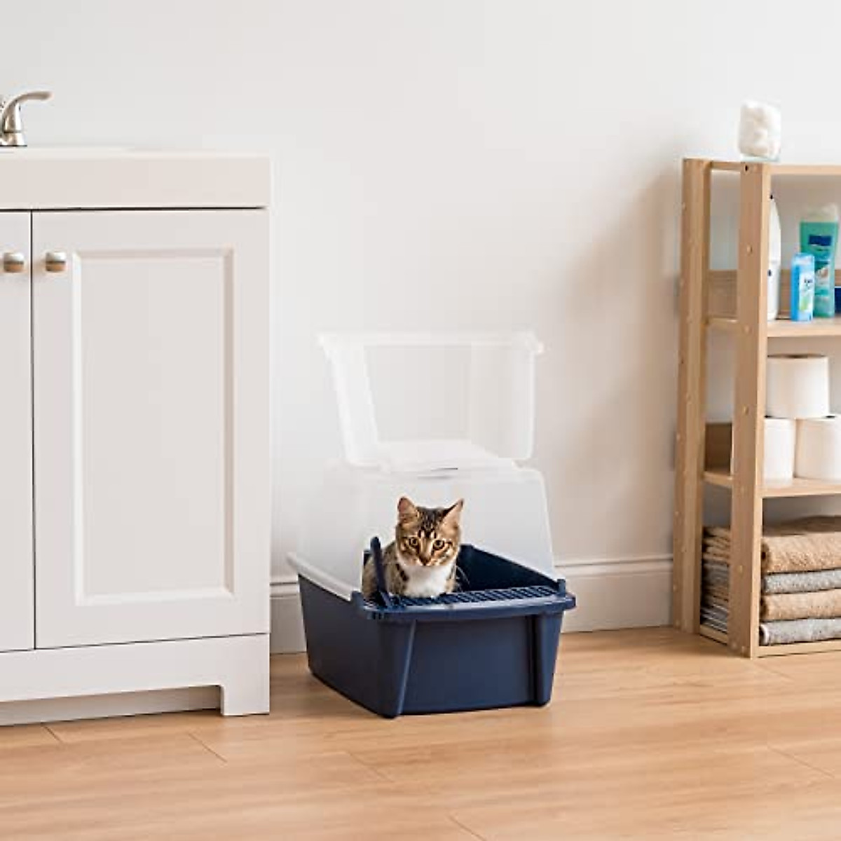 IRIS USA Large Split Hood Cat Litter Box with Front Door Flap and Scoop, Split Lid Hooded Kitty Litter Tray with Entry Gate for Privacy and Keeping Litter Inside, Navy