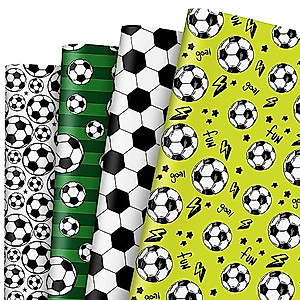 AnyDesign Football Wrapping Paper Sports Soccer Print Gift Wrap Paper Bulk Folded Flat Green White Black Football Art Paper for Theme Birthday Party Season Games Gift Wrapping, 19.7 x 27.6, 8 Sheet