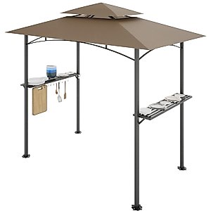 EVURU 8 x 5 FT Grill Canopy, with Air Vent Double Tiered Roof Top, Waterproof BBQ Gazebo with Rustproof Steel Frame, UV Protection Top Grill Tent Outdoor BBQ Canopy Grill Shelter for Garden Khaki