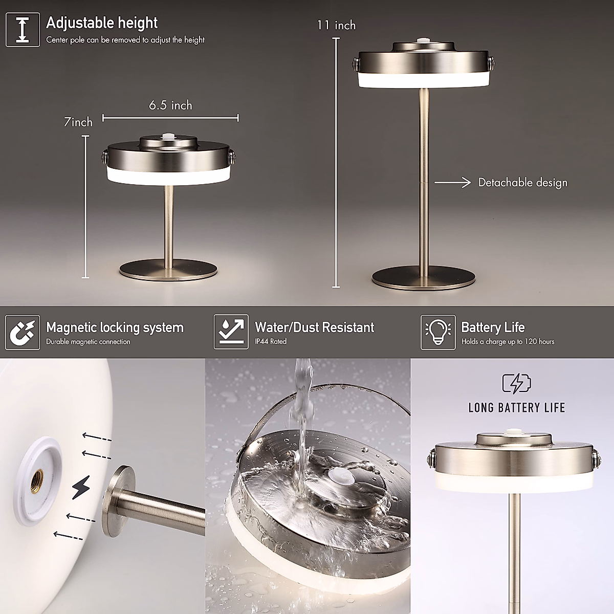 O’Bright Thurlow - Portable LED Lamp for Outdoor / Indoor, Built-in Rechargeable Battery, IP44 Water Resistant, Travel Light, Camping Lantern, Patio Table Lamp, Night Lamp, Brushed Nickel