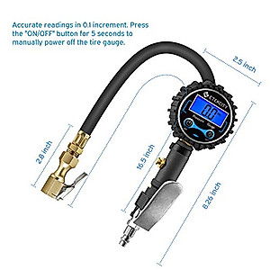 Etekcity Digital Tire Inflator with Pressure Gauge Air Chuck and Compressor Accessories Heavy Duty Brass with Rubber Hose Quick Connect Couple Leakproof 250 PSI 0.1