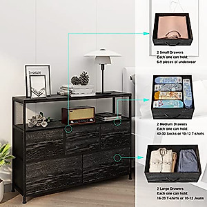 Simoretus TV Stand with Power Outlet and Fabric Drawers Entertainment Center for TV up to 45 inch Industrial Open Storage Shelf Media Console Dresser for Living Room Bedroom Charcoal Black