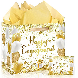 Engagement Party Gift Bags White Gold Engagement Gift Bags with Tissue Paper Card Christmas Engagement Gift Wrapping Paper Bag Happy Engagement Gift Bag Card Gold Engagement Party Decoration Supplies