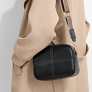 Camera Crossbody Bag for Women Genuine Leather Wide Strap Shoulder Bag Purse Trendy Design Camera Purse Crossbody Top Zip