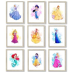 HerZii Prints Princess Wall Art Decor Watercolor Prints Set of 9 - 8 x 10 Inch - Princess Bedroom Decor, Princess Room Decor, Princess Wall Decor For Girls Bedroom