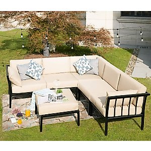 PatioFestival Conversation Set Outdoor Metal Furniture 6 Seat All-Weather Sectional Sofa Set with Cushioned Seat for Garden,Lawn,Pool