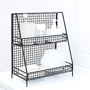 Black 2 Tier Wire Basket Bathroom Organizer Shelves Cosmetic Makeup Organizer Dresser Countertop Storage Spice Rack Desktop Freestanding Jars Bottles Holder